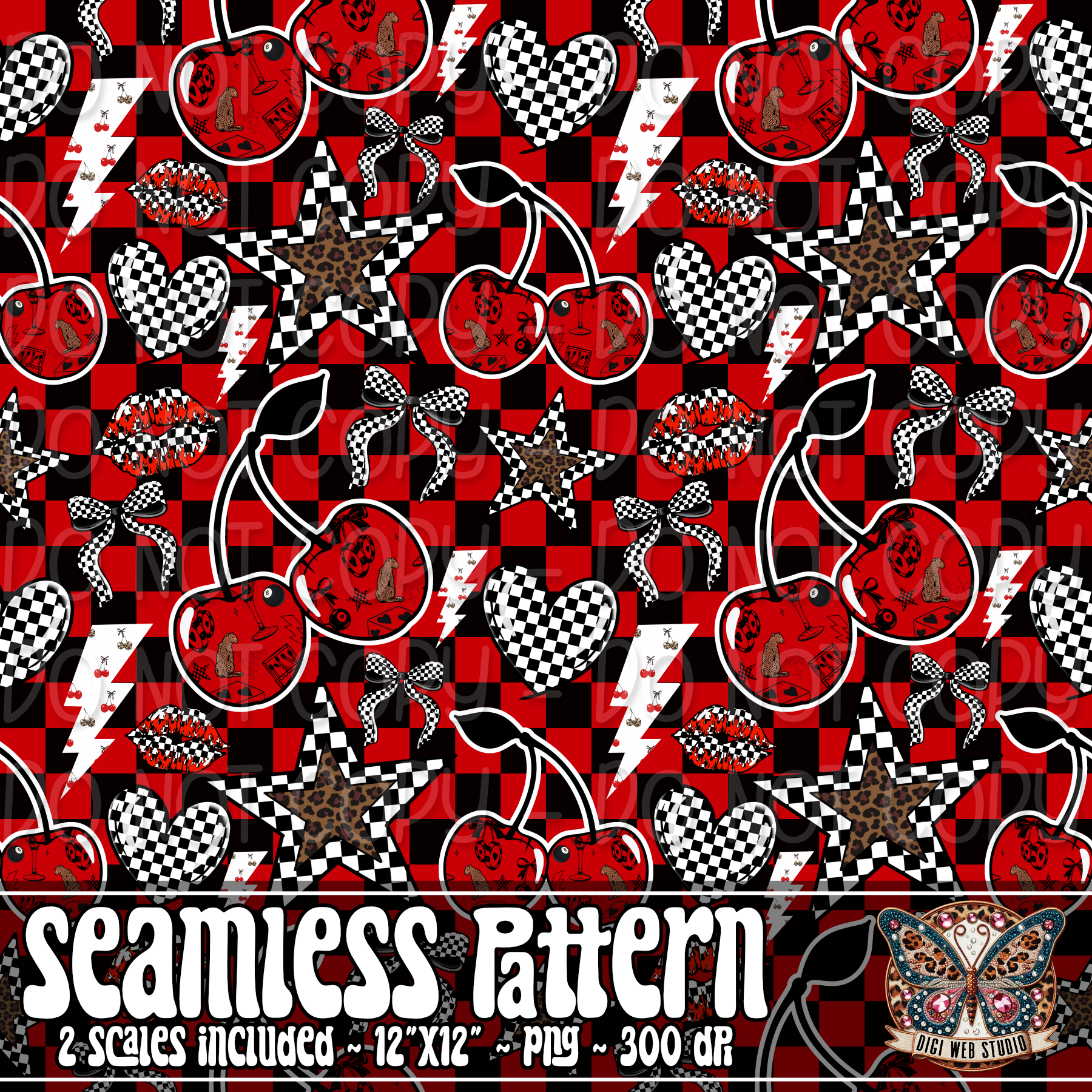 Checkers and Cherries 1 - 2026 Seamless Pattern – Digi Web Studio
